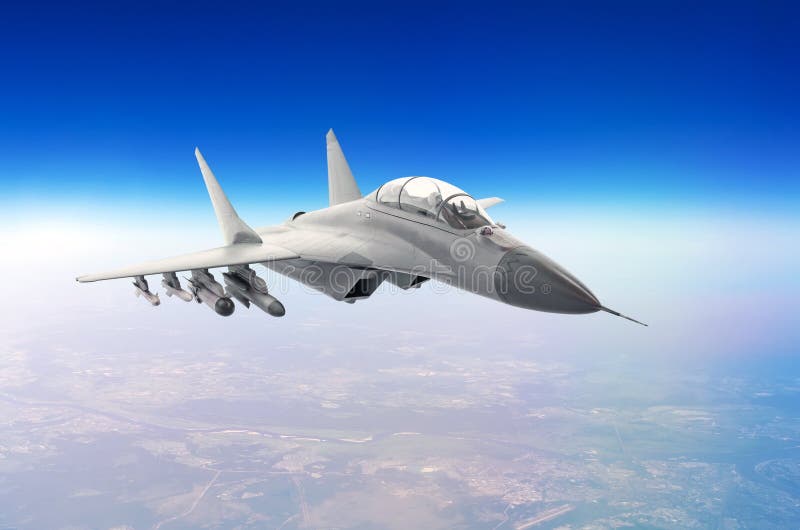 Military Fighter Aircraft at High Speed, Flying High in the Sky. Stock ...