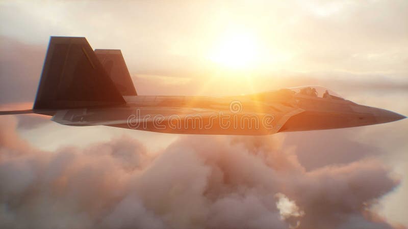 Military Fighter Jet F-22 Flying Over Clouds. Air Force. 3d Rendering ...