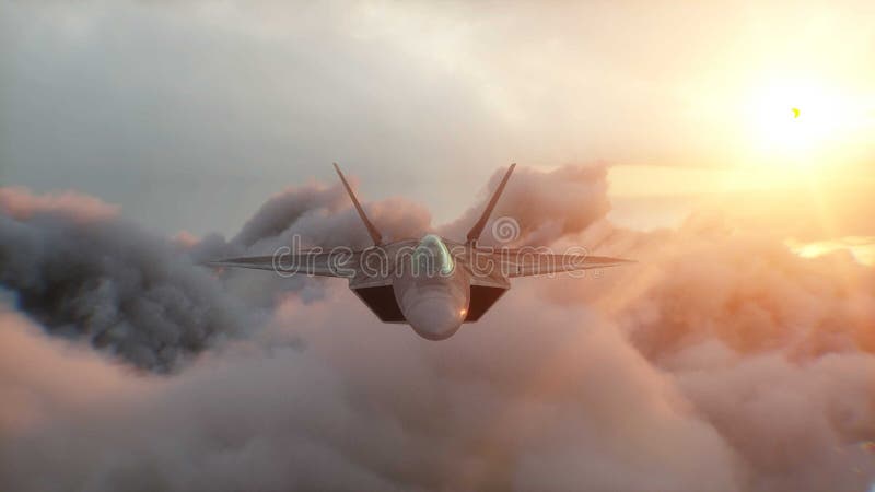 Military Fighter Jet F-22 Flying Over Clouds. Air Force. 3d Rendering ...