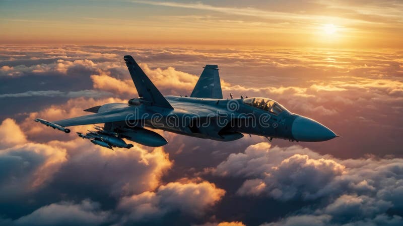 A Military Fighter Jet Flying Over the Clouds Stock Illustration ...