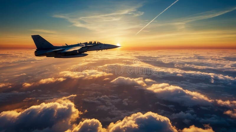 A Military Fighter Jet Flying Over the Clouds at Sunset Stock ...