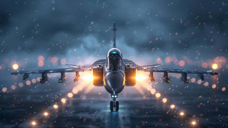 Military Fighter Jet on Runway at Night Stock Illustration ...