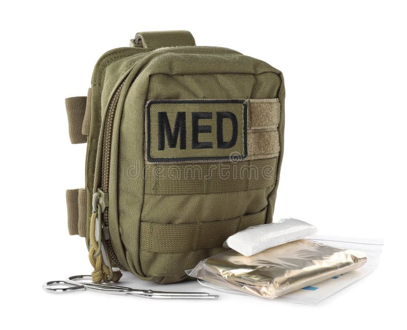 Military First Aid Kit with Items Isolated on White Stock Photo - Image ...