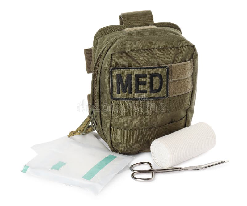 Military First Aid Kit with Items Isolated on White Stock Photo - Image ...