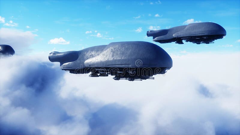 Military Futuristic Ship Fly in the Clouds. Invasion. 3d Rendering ...