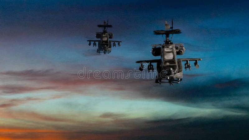 Military Gunships Flying with Dramatic Sky Stock Illustration ...