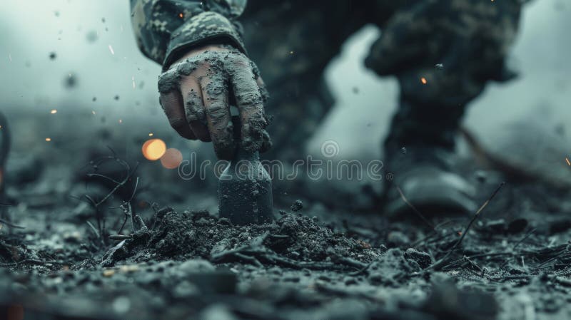 Military Hand Handling Explosive Device in a Dusty Battlefield Setting ...