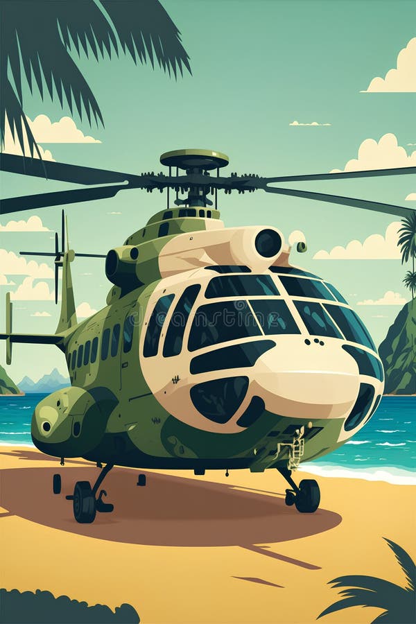 Military Helicopter on the Beach. Vector Illustration in Flat Cartoon ...