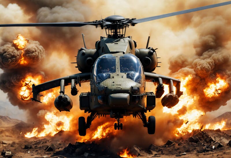 Military Helicopter Fly from Explosion Big Fire. Generative AI Stock ...