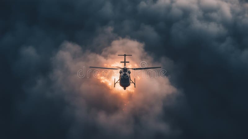 Military Helicopter Flying through Fiery Explosion Stock Image - Image ...