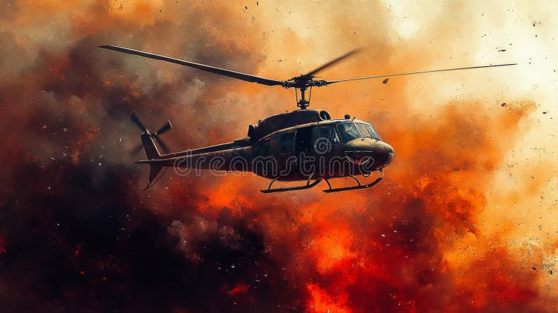 Military Helicopter Flying through Intense Explosion Stock Illustration ...