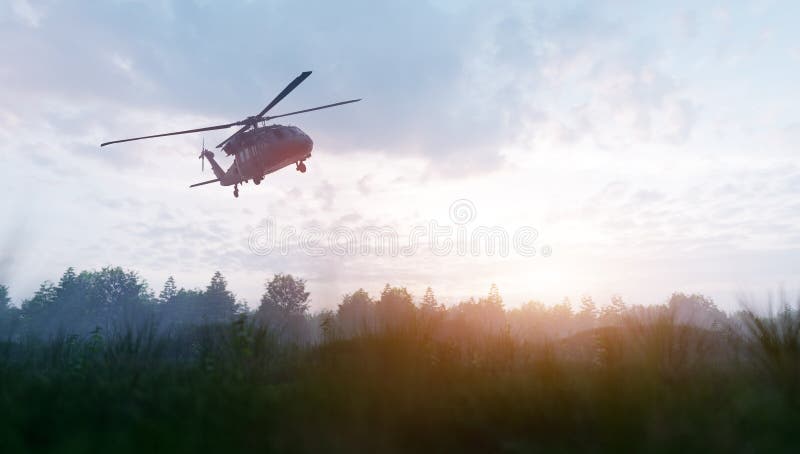 Military Helicopter Flying Over Battlefield at War Stock Illustration ...