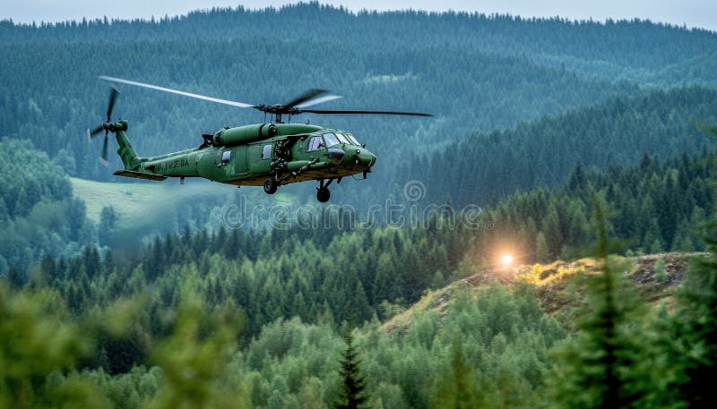Military Helicopter Flying Over Forest during Training Exercise Stock ...