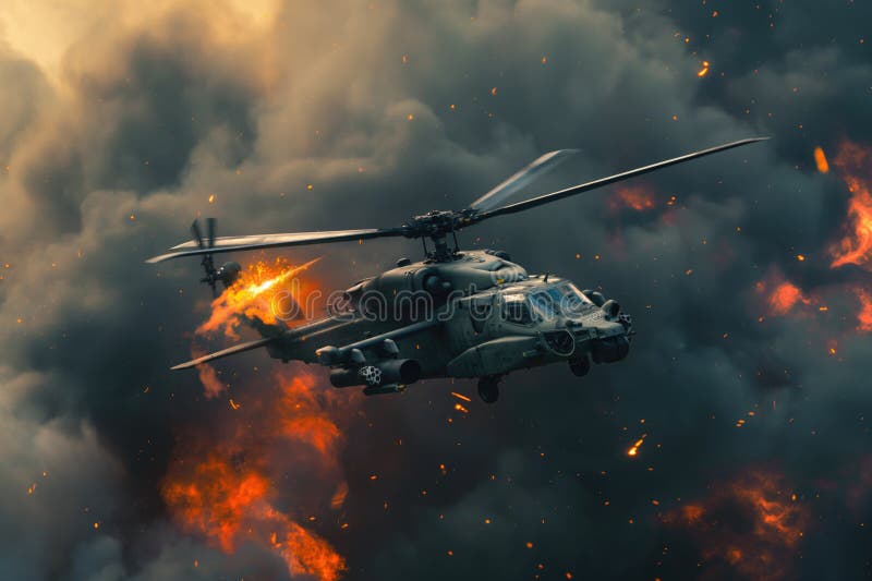 Military Helicopter Flying through Smoke and Fire during a Combat ...