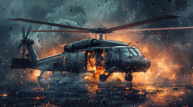 Military Helicopter Flying through Smoke and Fire Stock Photo - Image ...