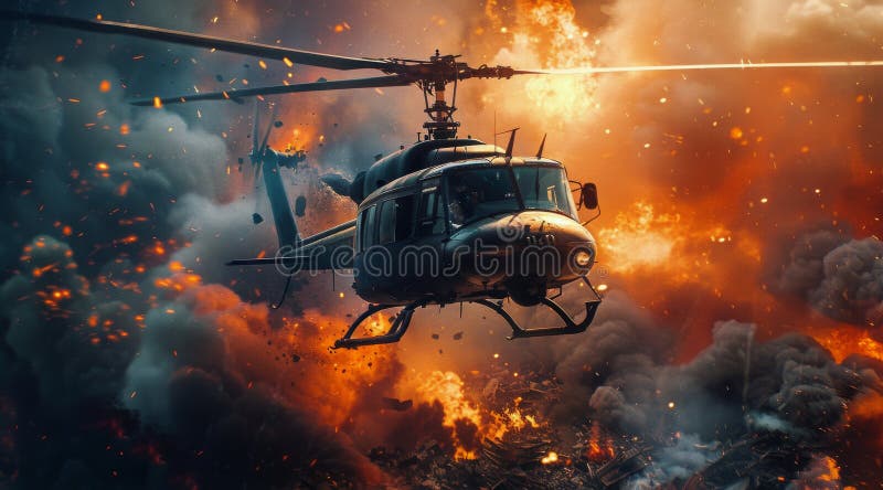Military Helicopter Flying through Smoke and Fire Stock Image - Image ...