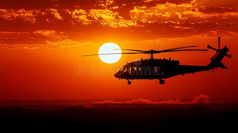 Military Helicopter Flying at Sunset Over the Ocean Stock Photo - Image ...