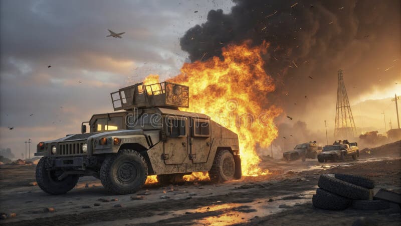 Military Humvee Exploding in Ravaged Landscape, Airplane Overhead ...