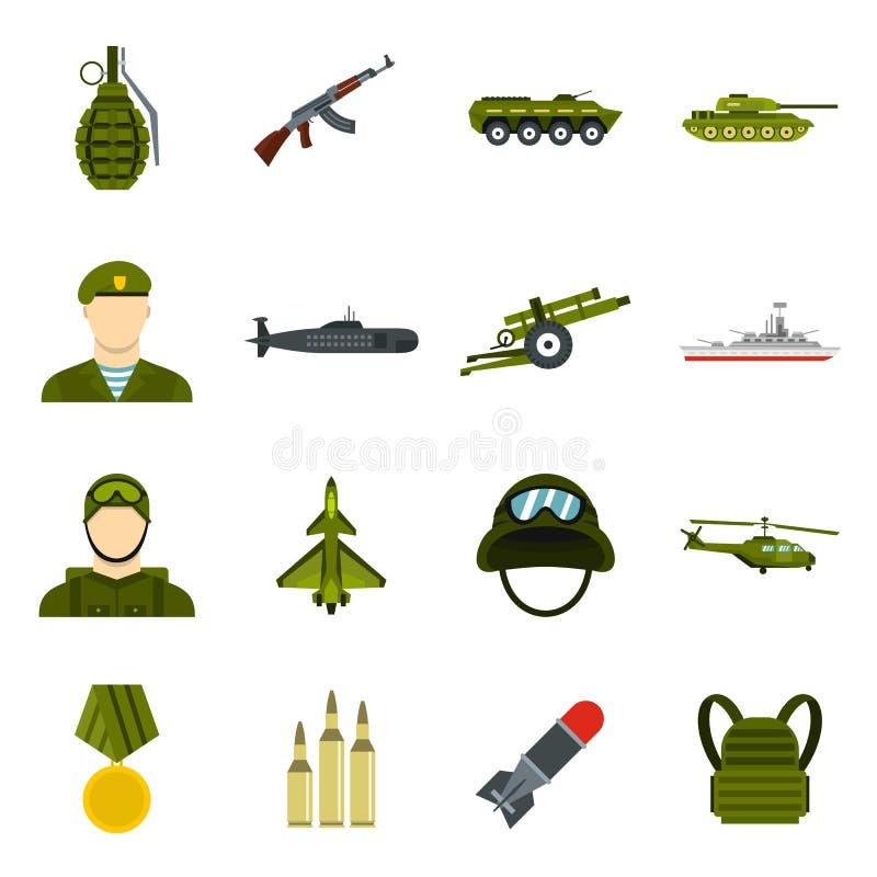 Military Icons Set, Flat Style Stock Vector - Illustration of grenade ...