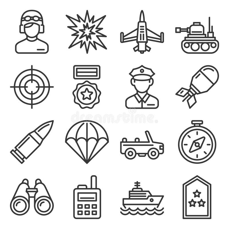 Military Icons Set on White Background. Line Style Vector Stock Vector ...
