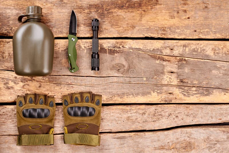 Military Items on Wood with Copyspace. Stock Image - Image of flat ...