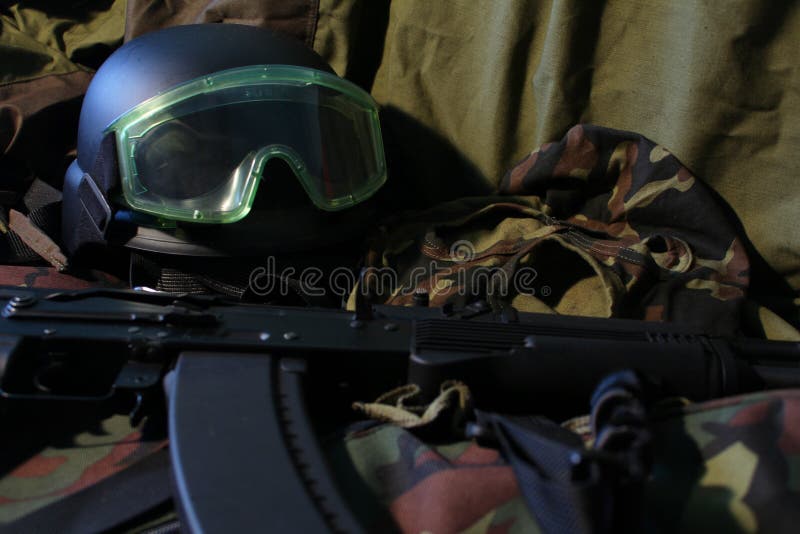 Military Machine Gun, Helmet and Goggles Stock Image - Image of ...