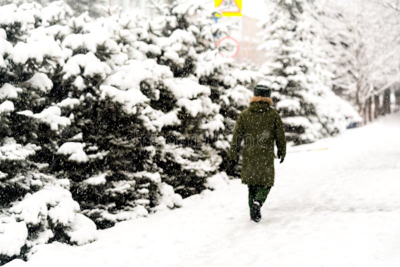 Military Man in a Coat Walks Along the Alley during a Snowfall Stock ...
