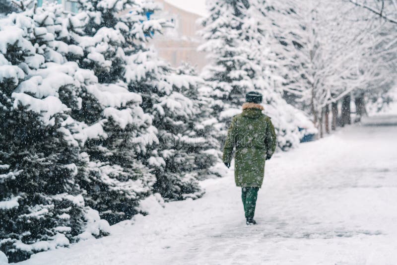 A Military Man in a Coat Walks Along the Alley during a Snowfall Stock ...