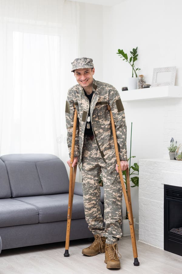 Military Man with Crutches, Disability Stock Photo - Image of adult ...