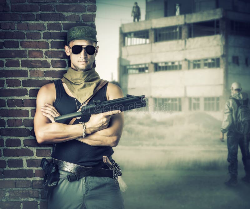 Military Man with Gun - Automatic Stock Image - Image of landscape ...