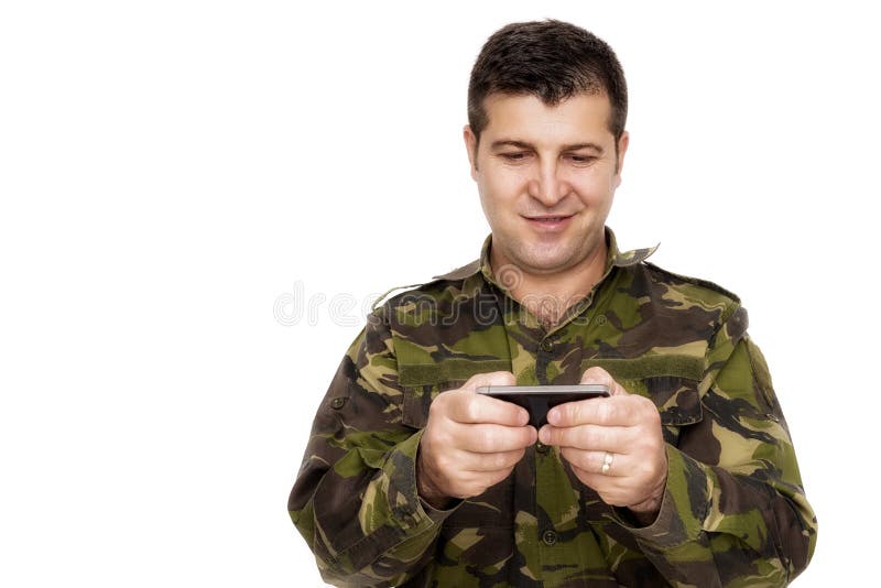Soldier with a Mobile Phone in Camouflage Military Uniform Stock Photo ...