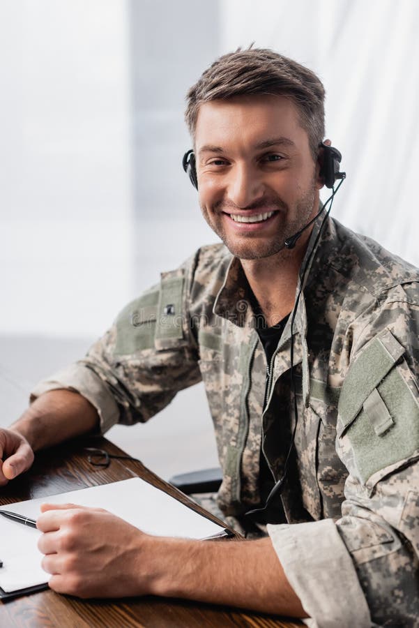 Military Man in Uniform and Headset Stock Image - Image of pleased ...