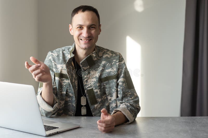 Military Man Using Laptop with Blank Screen Stock Image - Image of ...