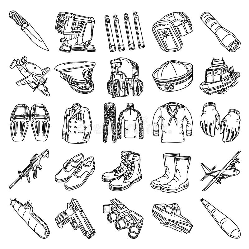 Military and Navy Force Equipments Set Icon Vector. Doodle Hand Drawn ...
