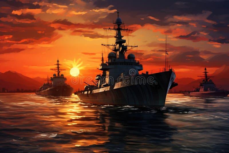 Military Navy Ships in a Sea at Sunset. Generative AI Stock ...