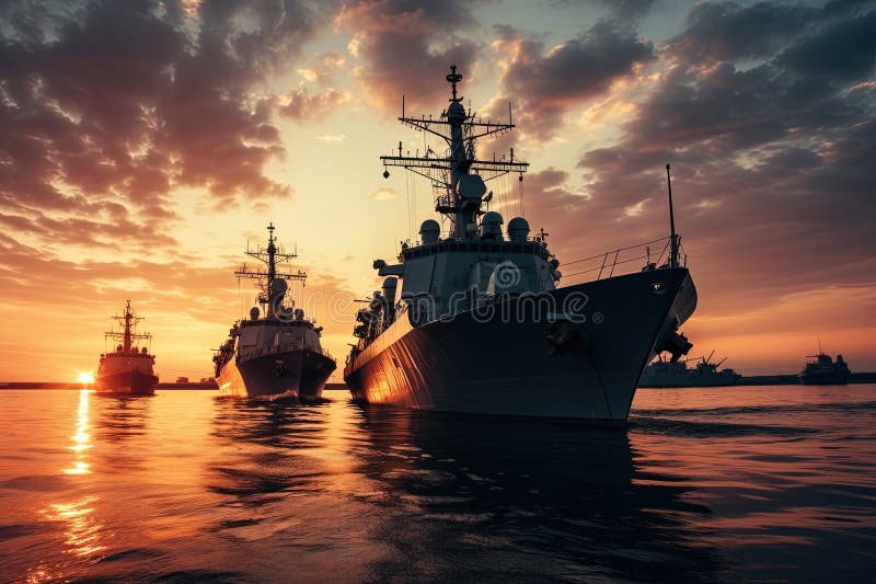 Military Navy Ships in a Sea at Sunset. Generative AI Stock ...