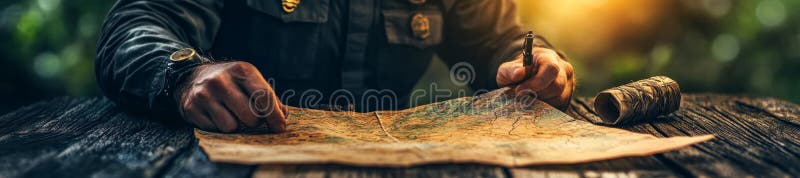 A Military Officer Making Notes on a Map in the Field Stock ...
