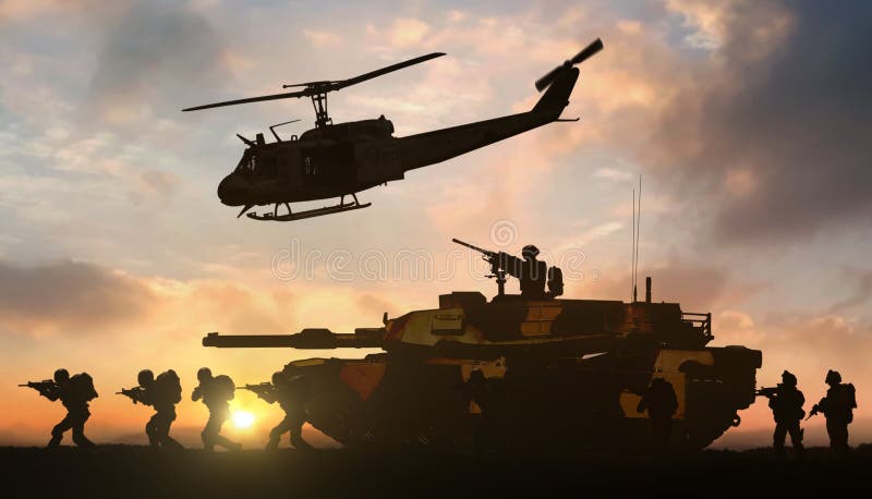 Military Operation with Helicopter and Tank Support Stock Photo - Image ...