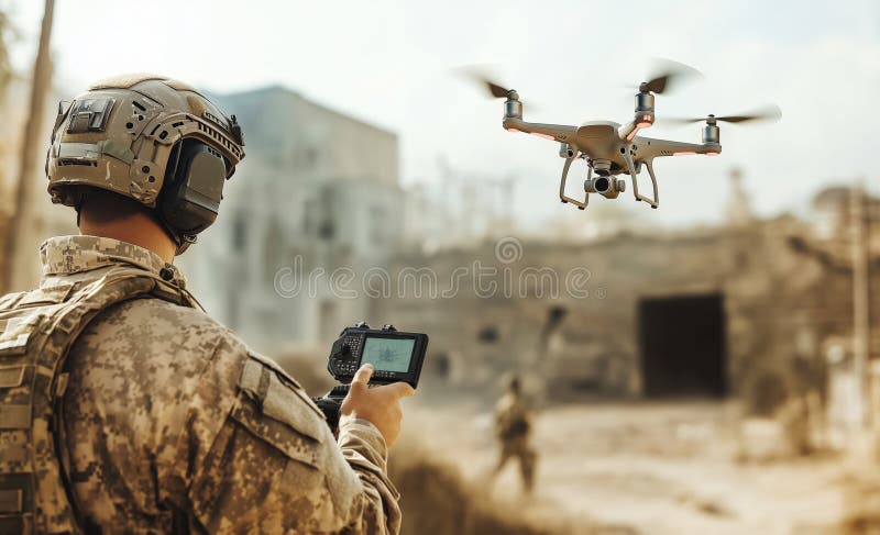 Military Operator in Camouflage Uniform and Helmet Controlling Drone ...
