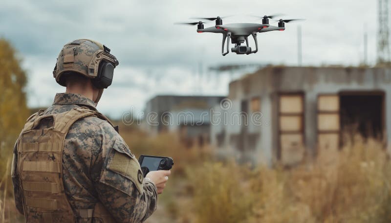 Military Operator in Camouflage Uniform and Helmet Controlling Drone ...