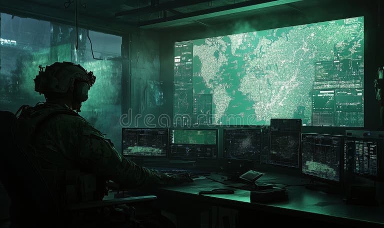 Military Operator Monitoring Digital Map and Data Analytics Stock Image ...