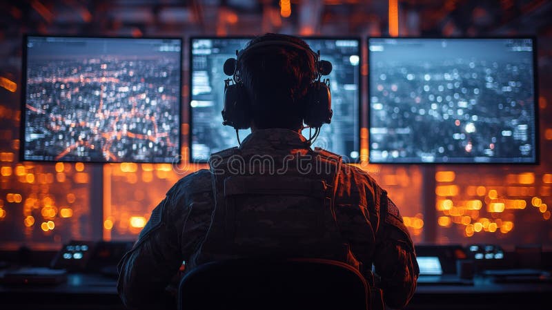 Military Operator Monitors Data from Multiple Screens during Night ...