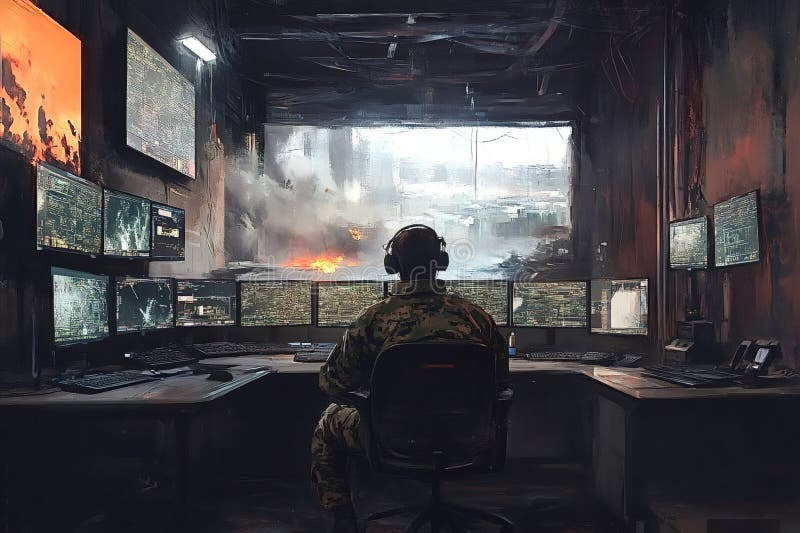 Military Operator Monitoring Multiple Screens during Wartime Operation ...