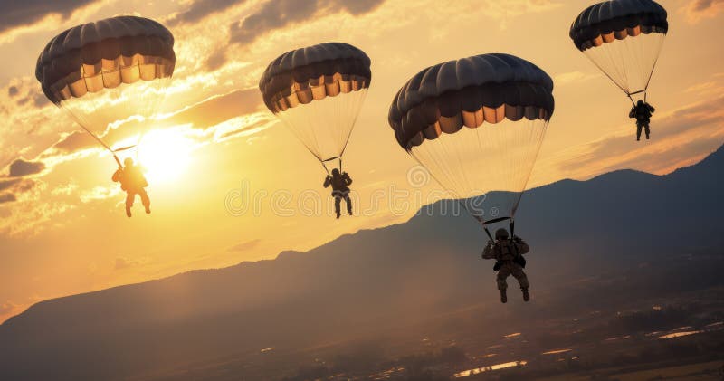 Military Paratroopers Making a Controlled Landing with Parachutes Stock ...