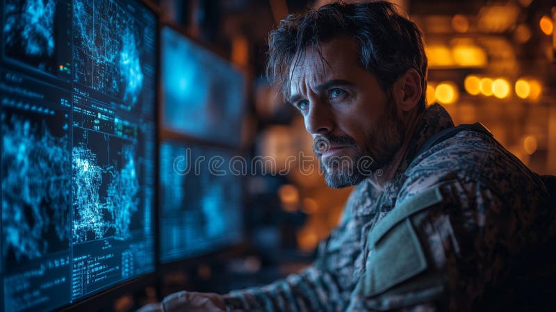 Military Personnel Analyzing Digital Data at a Command Center during Nighttime Operations in a ...