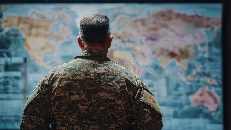 Military Personnel Analyzing Global Map in Command Center Stock ...