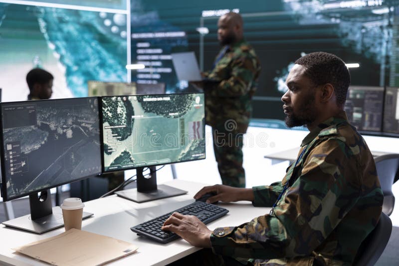 Military Personnel in High Tech Command Post Work on Data Integration ...