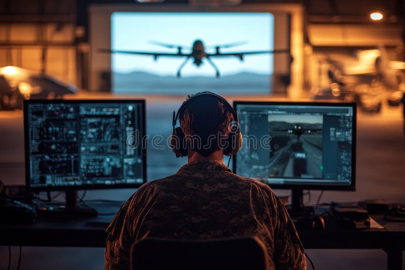 Military Personnel Operates a Drone Control Setup Inside a Hangar with ...