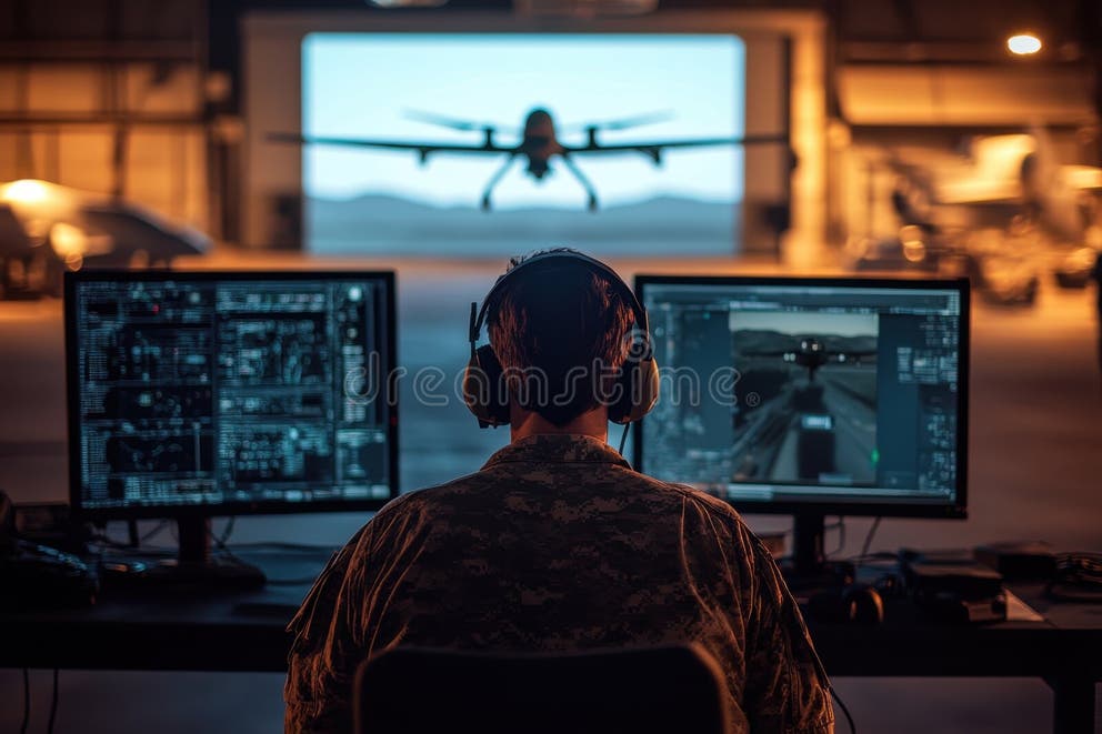 Military Personnel Operates a Drone Control Setup Inside a Hangar with ...