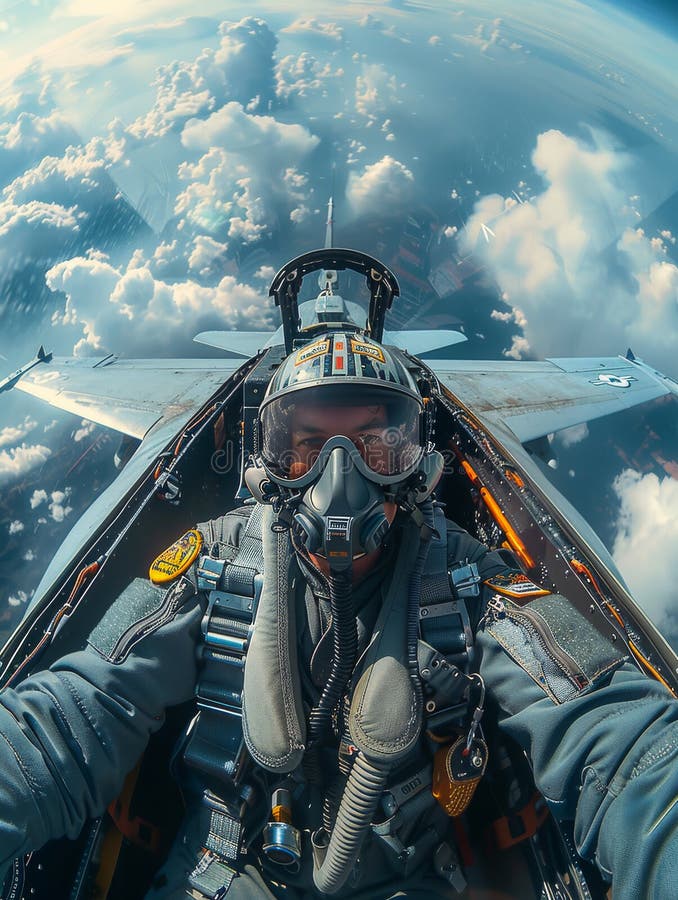 Military Pilot in Cockpit. Fighter Jet Flies High in the Sky with ...